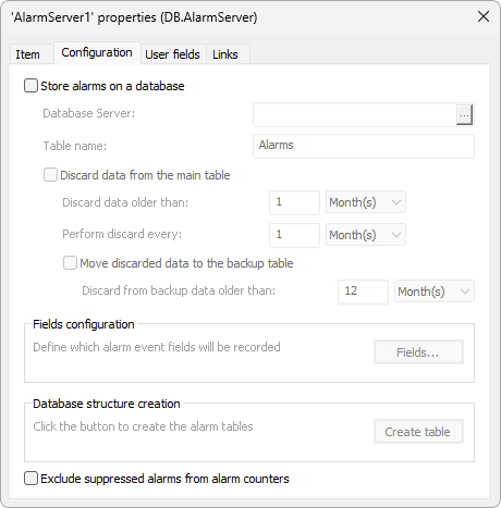 Alarms > Alarm Server > Configurations for Alarm Table Generation