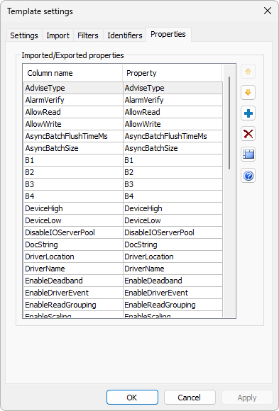 Elipse Power Studio > Import and Export > Template Settings