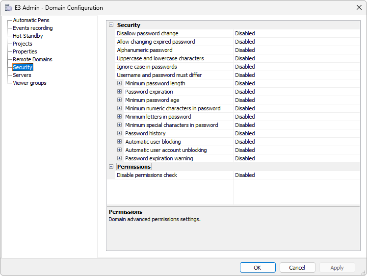Domains > Configuration > Security Tab