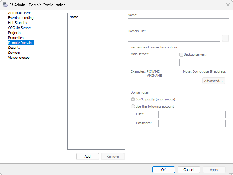 Domains > Remote Domains > Connection Configuration